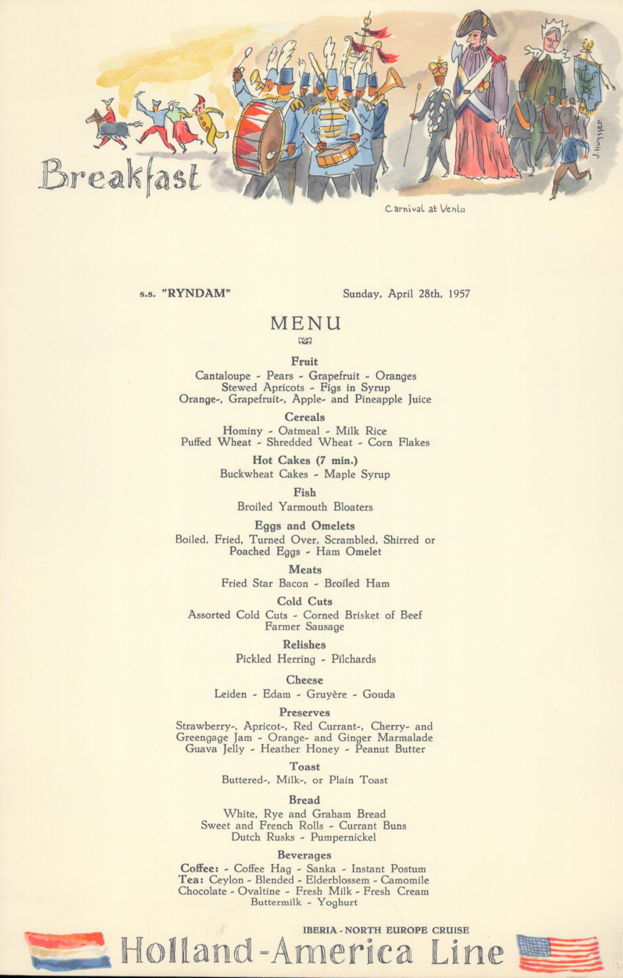 Vintage Menu: Holland America Line — S.S. Ryndam — 1957 – Larouex Foods